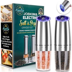 Electric Gravity Pepper Grinder set of 2, Automatic Salt and Pepper Mill Grinder, Adjustable Roughness, Battery Powered, Blue LED Light, Stainless Steel with One Hand Operation (Sliver 2 pack)