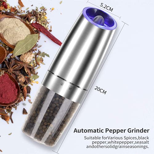 Electric Gravity Pepper Grinder set of 2, Automatic Salt and Pepper Mill Grinder, Adjustable Roughness, Battery Powered, Blue LED Light, Stainless Steel with One Hand Operation (Sliver 2 pack)