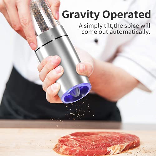 Electric Gravity Pepper Grinder set of 2, Automatic Salt and Pepper Mill Grinder, Adjustable Roughness, Battery Powered, Blue LED Light, Stainless Steel with One Hand Operation (Sliver 2 pack)