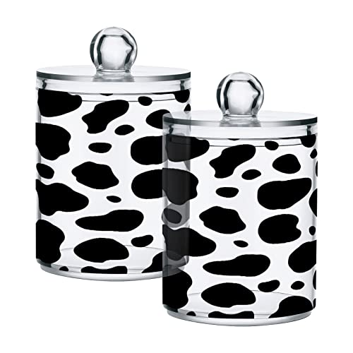 WELLDAY Apothecary Jars Bathroom Storage Organizer with Lid - 14 oz Qtip Holder Storage Canister, Black & White Cow Print Clear Plastic Jar for Cotton Swab, Cotton Ball, Floss Picks, Makeup Sponges,Ha