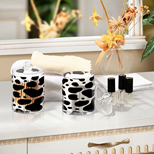 WELLDAY Apothecary Jars Bathroom Storage Organizer with Lid - 14 oz Qtip Holder Storage Canister, Black & White Cow Print Clear Plastic Jar for Cotton Swab, Cotton Ball, Floss Picks, Makeup Sponges,Ha