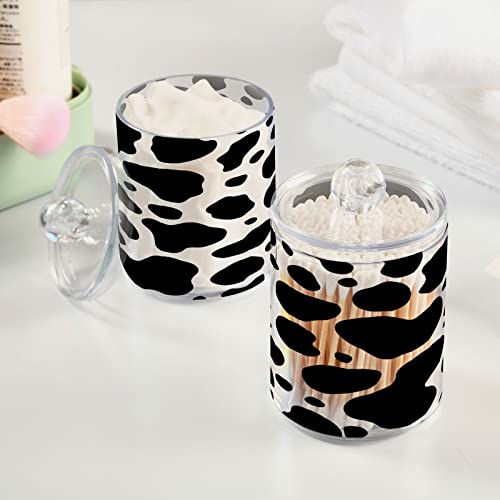 WELLDAY Apothecary Jars Bathroom Storage Organizer with Lid - 14 oz Qtip Holder Storage Canister, Black & White Cow Print Clear Plastic Jar for Cotton Swab, Cotton Ball, Floss Picks, Makeup Sponges,Ha