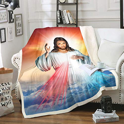 Erosebridal Jesus Blanket Throw Christian Easter Floor Throw Queen Size for Teens Adult Women Mary Bless Theme Religious Culture Plush Bed Blanket Blue and Red Lines Stripe Cloud Fleece Blanket