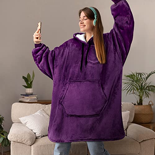 PAVILIA Wearable Blanket Sweatshirt for Women Men, Purple, Warm Cozy Giant Blanket Hoodie, Fleece Sherpa Oversized Blanket Sweatshirt with Sleeves, Big Pocket