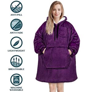 PAVILIA Wearable Blanket Sweatshirt for Women Men, Purple, Warm Cozy Giant Blanket Hoodie, Fleece Sherpa Oversized Blanket Sweatshirt with Sleeves, Big Pocket