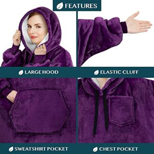 PAVILIA Wearable Blanket Sweatshirt for Women Men, Purple, Warm Cozy Giant Blanket Hoodie, Fleece Sherpa Oversized Blanket Sweatshirt with Sleeves, Big Pocket