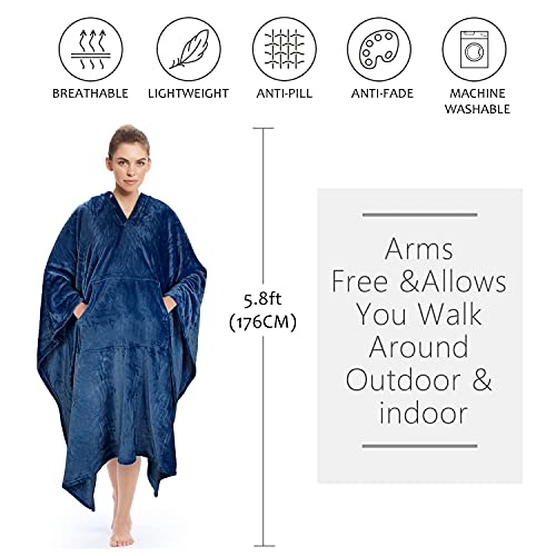 Hooded Poncho Blanket, Fleece Wearable Throw Wrap with Hood and Pocket, Warm Cozy Soft for Adult Women Men Kids, Indoor or Outdoor Navy