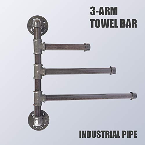 Kinmade Wall-Mounted Industrial 3-Arm Towel Bar Rack Heavy Duty Rustic Iron Pipe Towel Bar Rack Hardware for Kitchen Bathroom(Gray)