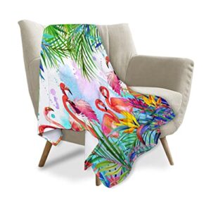 mimihome flamingo blanket,tropical leaves flamingos throw blanket warm fleece blanket for sofa couch bed chair,60x50 inches, pink green white