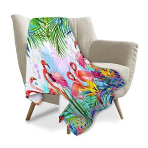 Mimihome Flamingo Blanket,Tropical Leaves Flamingos Throw Blanket Warm Fleece Blanket for Sofa Couch Bed Chair,60x50 Inches, Pink Green White