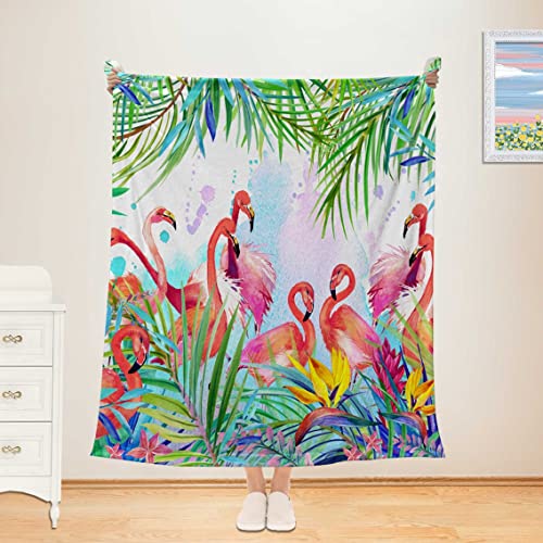 Mimihome Flamingo Blanket,Tropical Leaves Flamingos Throw Blanket Warm Fleece Blanket for Sofa Couch Bed Chair,60x50 Inches, Pink Green White