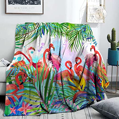 Mimihome Flamingo Blanket,Tropical Leaves Flamingos Throw Blanket Warm Fleece Blanket for Sofa Couch Bed Chair,60x50 Inches, Pink Green White