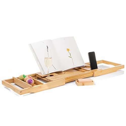 TranquilBeauty Premium Bath Caddy | Bath Board with iPad, Tablet, and Phone Stand | Extendable Wooden Tray Bath Rack