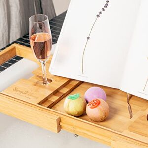 TranquilBeauty Premium Bath Caddy | Bath Board with iPad, Tablet, and Phone Stand | Extendable Wooden Tray Bath Rack