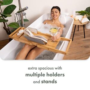 TranquilBeauty Premium Bath Caddy | Bath Board with iPad, Tablet, and Phone Stand | Extendable Wooden Tray Bath Rack