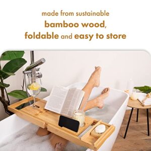 TranquilBeauty Premium Bath Caddy | Bath Board with iPad, Tablet, and Phone Stand | Extendable Wooden Tray Bath Rack