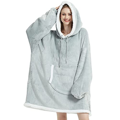 softan Blanket Hoodie, Oversized Sherpa Fleece Wearable Blanket for Women & Men, Super Warm and Cozy Plush Flannel Hooded Blanket, Sweatshirt Gift with Giant Pocket, One Size Fits All, Grey