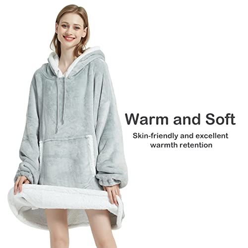 softan Blanket Hoodie, Oversized Sherpa Fleece Wearable Blanket for Women & Men, Super Warm and Cozy Plush Flannel Hooded Blanket, Sweatshirt Gift with Giant Pocket, One Size Fits All, Grey