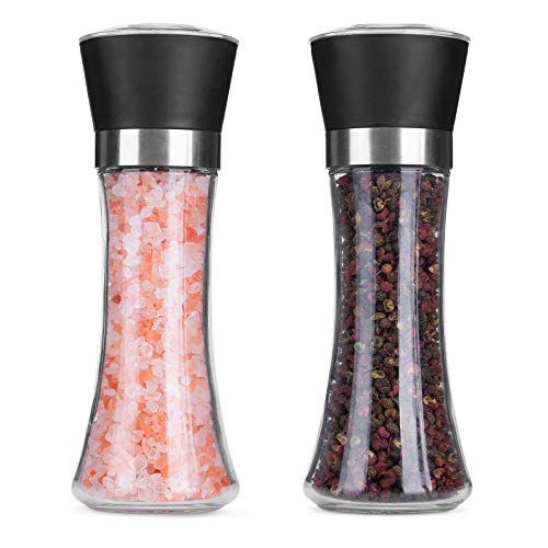 Hotder Premium Pepper and Salt Grinder Set of 2-Refillable Coarseness Adjustable Pepper Mill Shaker with Glass Body for Home,Kitchen(Two Pack