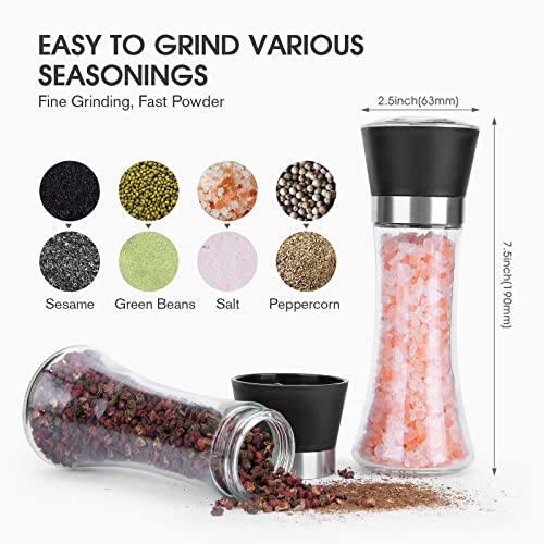 Hotder Premium Pepper and Salt Grinder Set of 2-Refillable Coarseness Adjustable Pepper Mill Shaker with Glass Body for Home,Kitchen(Two Pack