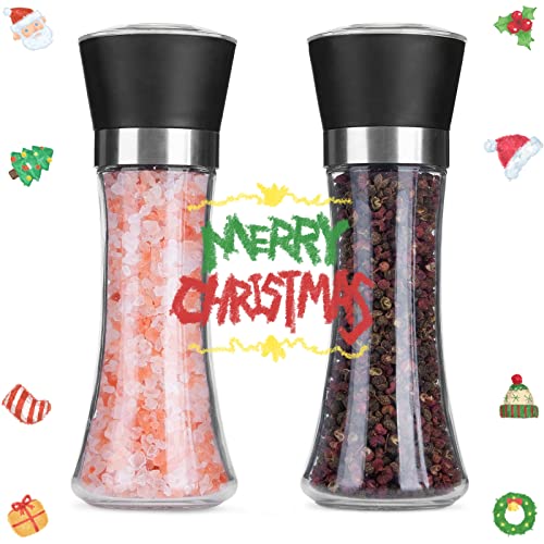 Hotder Premium Pepper and Salt Grinder Set of 2-Refillable Coarseness Adjustable Pepper Mill Shaker with Glass Body for Home,Kitchen(Two Pack