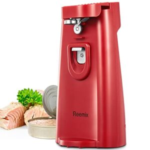 electric can opener, reemix automatic can opener with knife sharpener and bottle opener 3 in 1, easy push down lever (red)