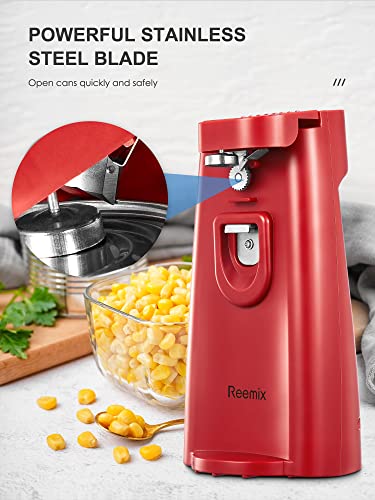 Electric Can Opener, Reemix Automatic Can Opener with Knife Sharpener and Bottle Opener 3 in 1, Easy Push Down Lever (Red)