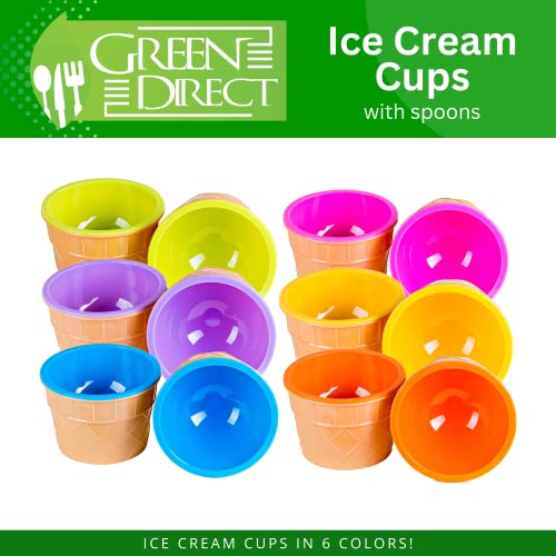 Green Direct Ice Cream Cups with Spoons/Large Plastic Dish with Spoon/Dessert Sundae Frozen Yogurt Bowls Icecream Cup Party Favors Dishes ice crem kits supplies for kids Set of 12