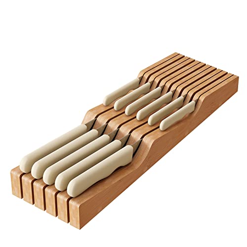 In-Drawer Knife Block Organizer - Bamboo Wood Drawer Knife Organizer-Protecting Knife Organizer Block Holds Up To 11 Knives（Not Included）