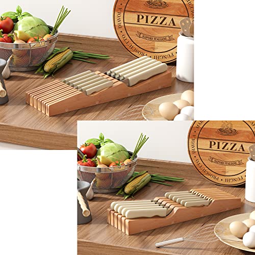 In-Drawer Knife Block Organizer - Bamboo Wood Drawer Knife Organizer-Protecting Knife Organizer Block Holds Up To 11 Knives（Not Included）