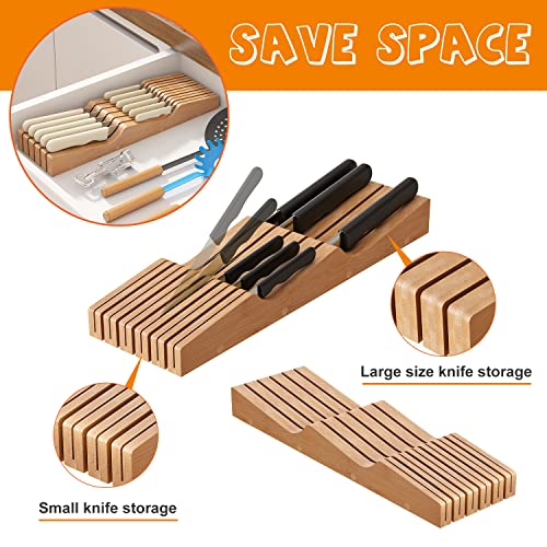 In-Drawer Knife Block Organizer - Bamboo Wood Drawer Knife Organizer-Protecting Knife Organizer Block Holds Up To 11 Knives（Not Included）