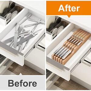 In-Drawer Knife Block Organizer - Bamboo Wood Drawer Knife Organizer-Protecting Knife Organizer Block Holds Up To 11 Knives（Not Included）