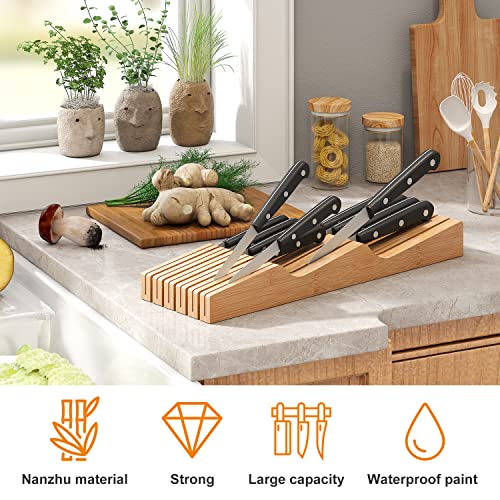 In-Drawer Knife Block Organizer - Bamboo Wood Drawer Knife Organizer-Protecting Knife Organizer Block Holds Up To 11 Knives（Not Included）