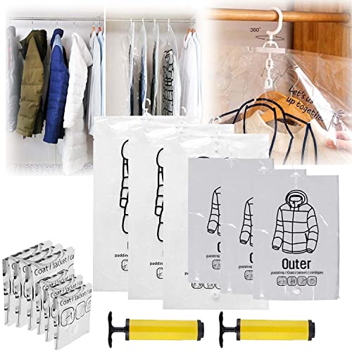 TANGERINR Hanging Vacuum Storage Bags for Jackets, Hanging Compressible Storage Bag with Pump, Outer Jacket Vacuum Bag (6PCS,M+L)