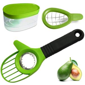 avocado 3 piece set avocado slicer, knife, peeler, pitter, cuber, dicer, keeper for everything that you will ever need for your avocados