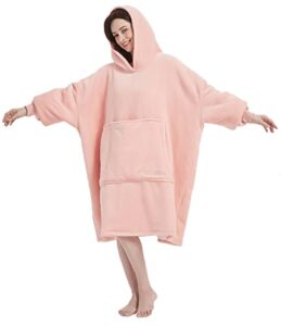 beauty shine oversized wearable blanket hoodie with zipper, women and men sherpa blanket, kangaroo pocket, pullover for adults fits all(soft pink,original)