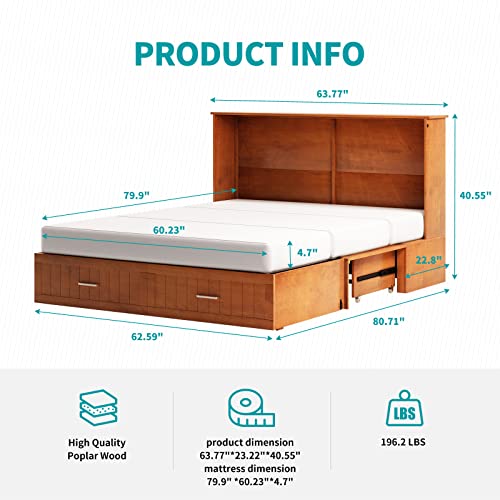 BALUS Murphy Bed Cabinet with Mattress,Modern Muti-Functional Cube Cabinet Bed with USB Charging Station&2 Large Drawers&3 Level Folding Foam Mattress for Living Room/Loft/Apartment,Queen (Redwood)