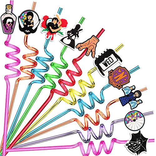 25Pcs Wednesday Birthday Party Decorations Party Favors Reusable Drinking Straws, 10 Designs Cartoon Birthday Party Supplies with 2 Cleaning Brush