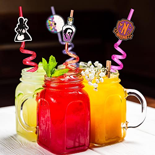 25Pcs Wednesday Birthday Party Decorations Party Favors Reusable Drinking Straws, 10 Designs Cartoon Birthday Party Supplies with 2 Cleaning Brush