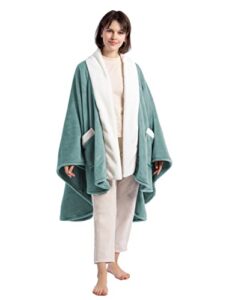 kingole flannel fleece wearable blanket with sleeves for adults, soft plush cozy throw blanket with pockets for men and women, warm wrap blanket for sofa lounge home office, machine washable, celadon