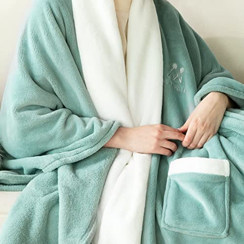 Kingole Flannel Fleece Wearable Blanket with Sleeves for Adults, Soft Plush Cozy Throw Blanket with Pockets for Men and Women, Warm Wrap Blanket for Sofa Lounge Home Office, Machine Washable, Celadon