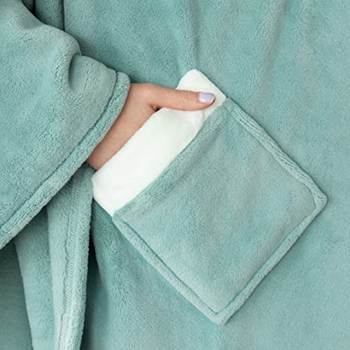 Kingole Flannel Fleece Wearable Blanket with Sleeves for Adults, Soft Plush Cozy Throw Blanket with Pockets for Men and Women, Warm Wrap Blanket for Sofa Lounge Home Office, Machine Washable, Celadon