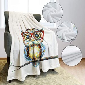 YISUMEI Oil Painting Owl Blanket, Perched on a Branch with Red Glasses, Warm and Soft Suitable for All Season, 50"x60"