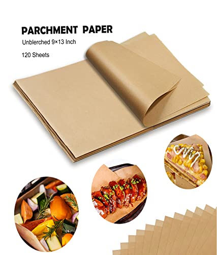 Parchment Paper Sheets, 9x13 In Non-Stick Precut Baking Parchment for Baking, Grilling, Air Fryer, Steaming, and More (Unbleached) - Quarter Sheet Size, Perfect for Bread, Cakes, Cookies, 120PCS