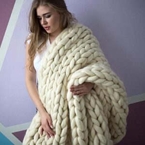 Chunky Knit Blanket Hand Made Merino Wool Throw Boho Bedroom Sofa Home Decor Giant Yarn(Ivory White 40"x60")