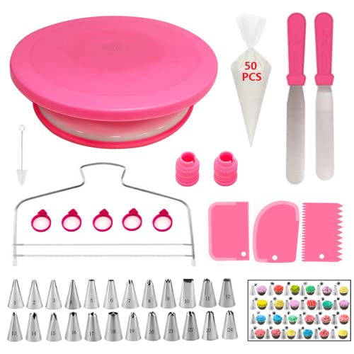 YOQXHY 90 Pcs Cake Decorating Kit Supplies with Rotating Cake Turntable & Leveler,24 Numbered Icing Tips,2 Spatulas,3 Comb Scrapers,2 Couplers,5 Bag Ties and 50 Disposable Pastry Bags