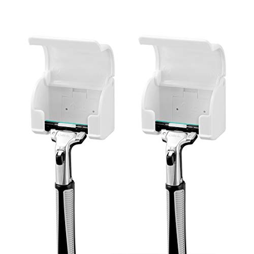 2 Pack Plastic Razor Holders with Cover Wall Mount for Shower, Self Adhesive Razor Shaver Hook Hanger Stands (White)