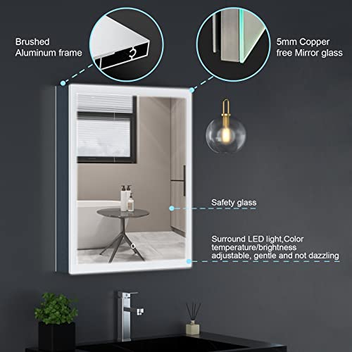 Wemin Smart Home Surface 24x30 Inch LED Mirror Medicine Cabinet with Adjustable Color Temp, LED Lighted Medicine Cabinet w/Defogger, Light Color Dimmer(2700-6500K), Outlets & USB (24x30)