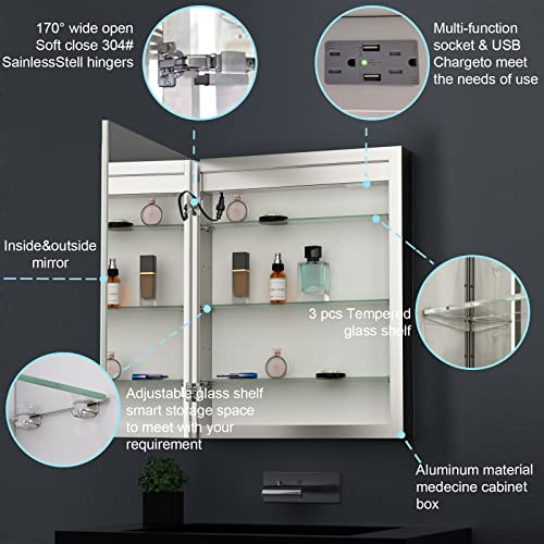 Wemin Smart Home Surface 24x30 Inch LED Mirror Medicine Cabinet with Adjustable Color Temp, LED Lighted Medicine Cabinet w/Defogger, Light Color Dimmer(2700-6500K), Outlets & USB (24x30)