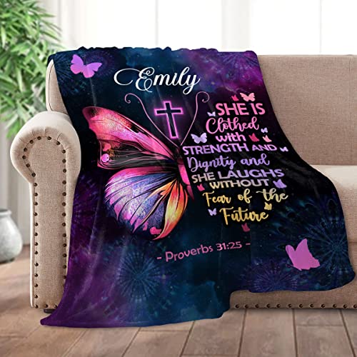 Jesuspirit Personalized Christian Fleece Blanket - Healing Butterfly Purple & Pink Blankets - Custom Name Bible Scripture Blanket - Get Well Soon Gifts For Women - Inspirational Gifts For Mom, Grandma